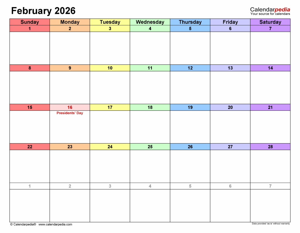 February Calendar Excel 2026 - Free Printable Calendar