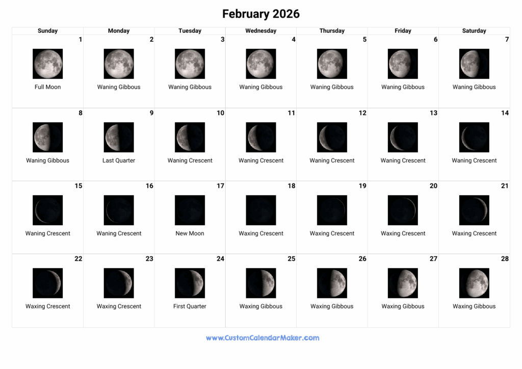 Moon Phase February 2026 Calendar - Free Printable Calendar