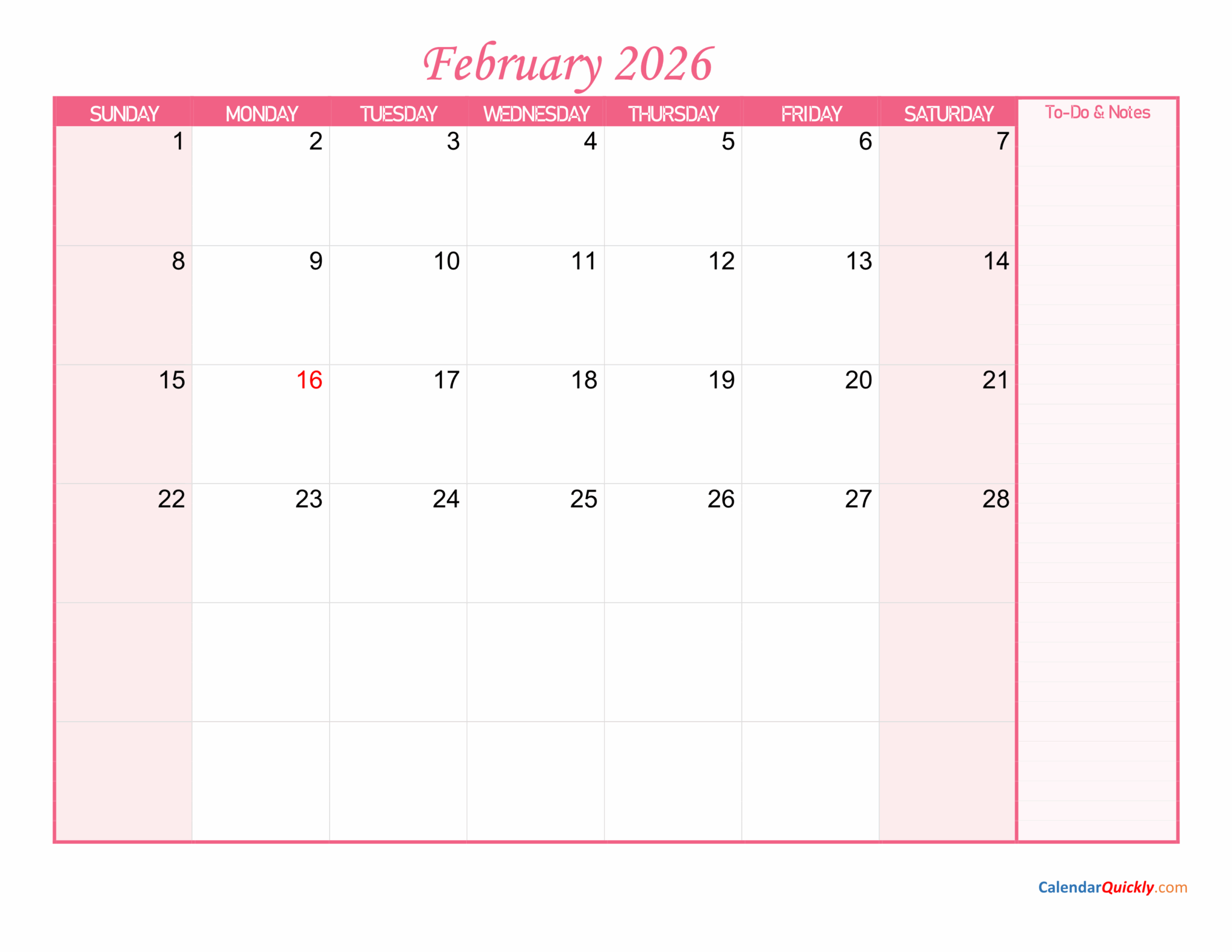 February Calendar 2026 With Notes - Free Printable Calendar