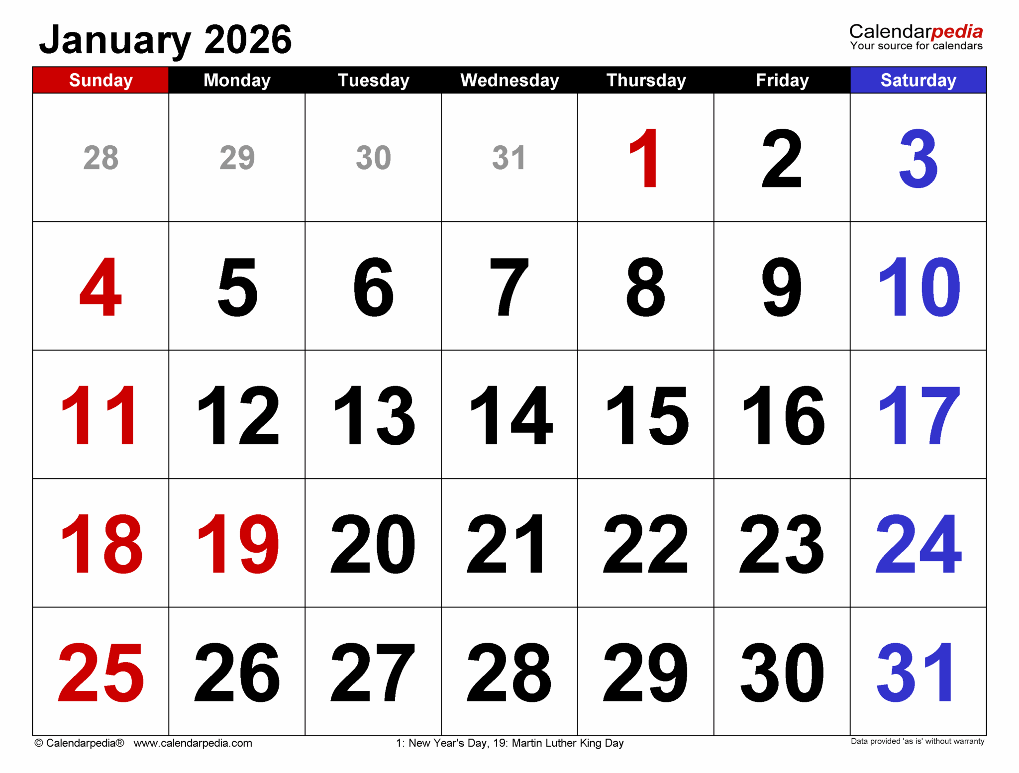 Calendar 2026 January Excel - Free Printable Calendar