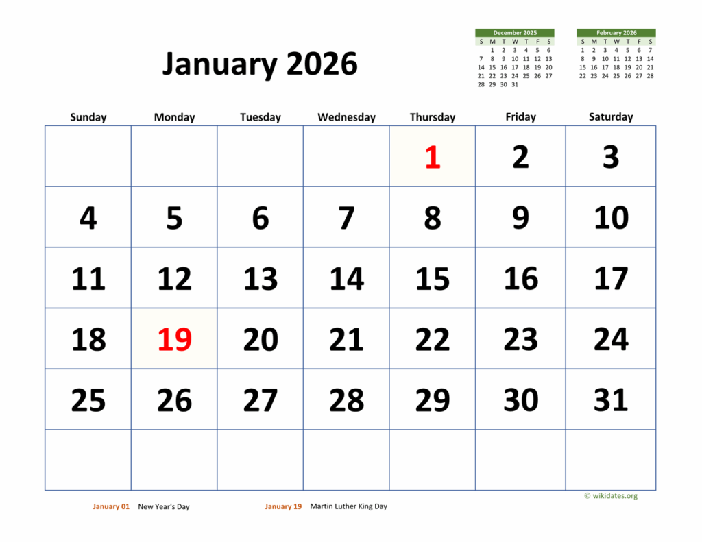 January 2026 Calendar Large Numbers - Free Printable Calendar