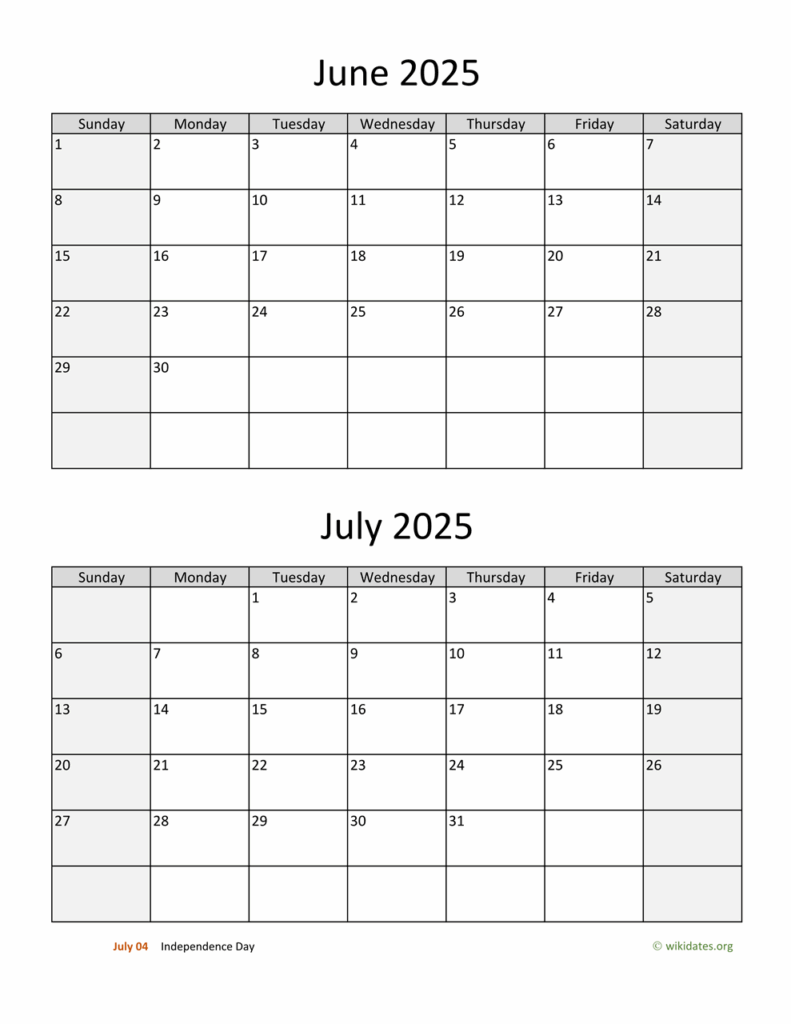 June And July 2025 Calendar With Holidays - Free Printable Calendar