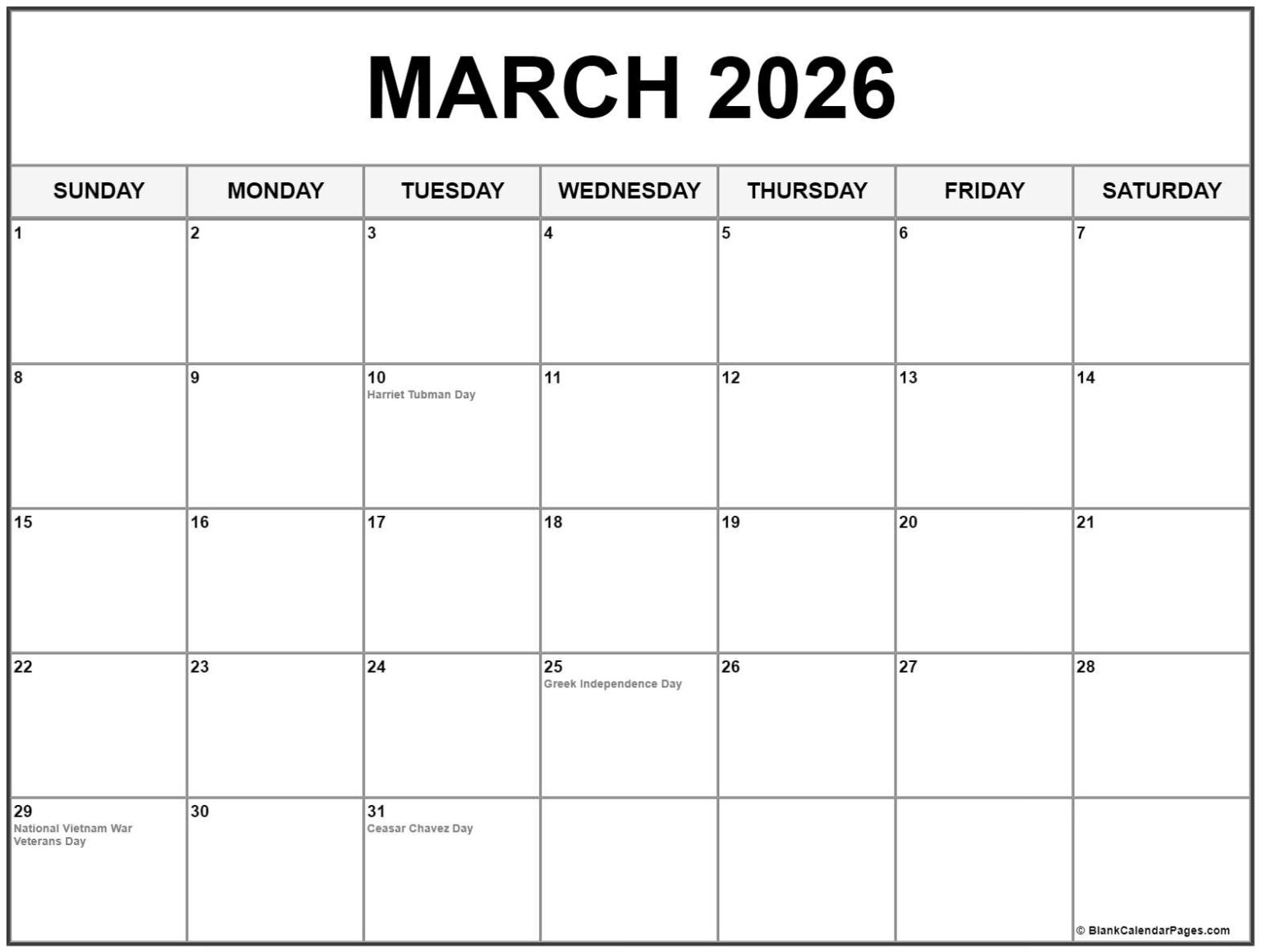 March Holidays And Observances 2026 Calendar - Free Printable Calendar