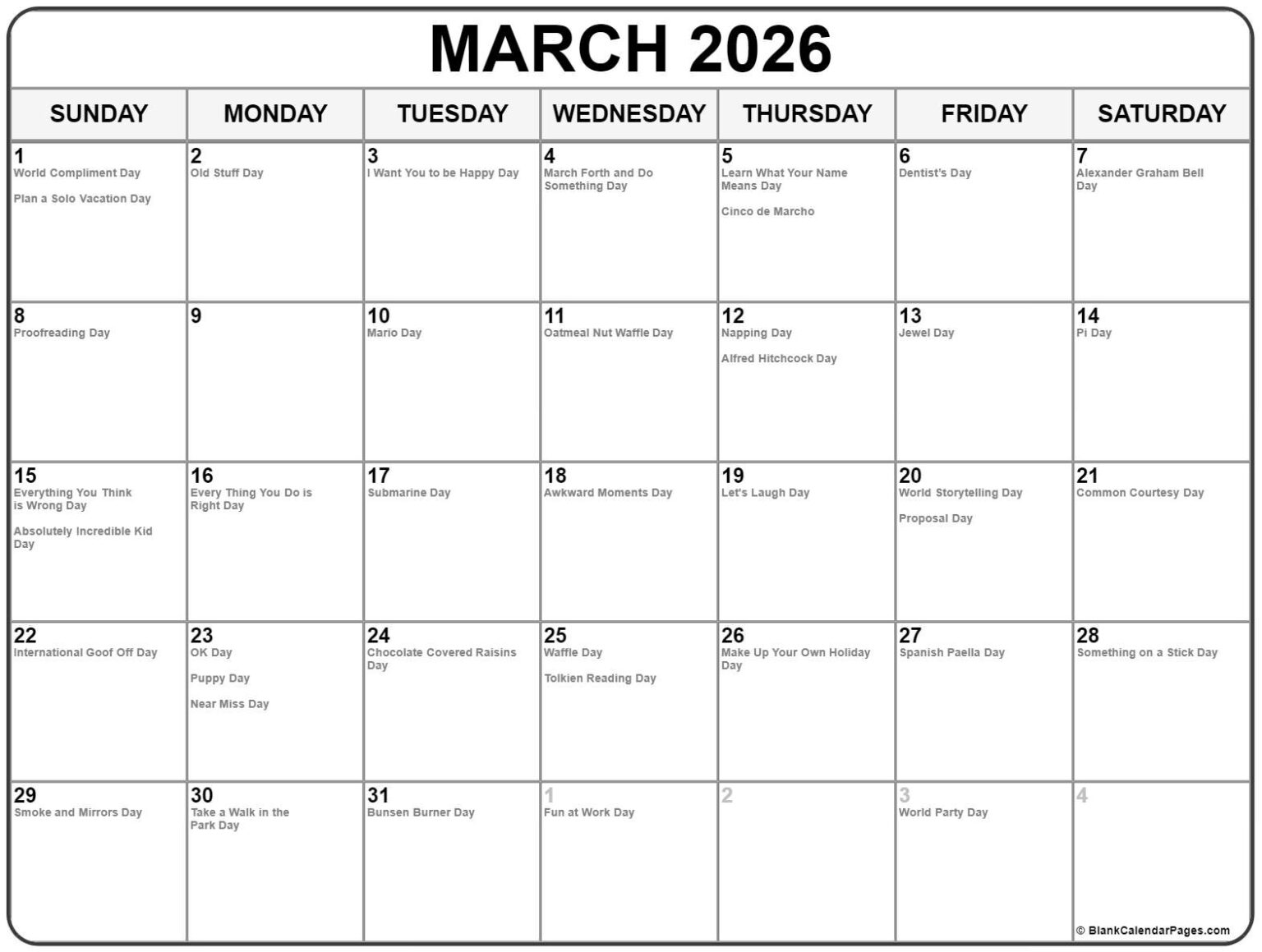 National Day Calendar For March 2026 - Free Printable Calendar