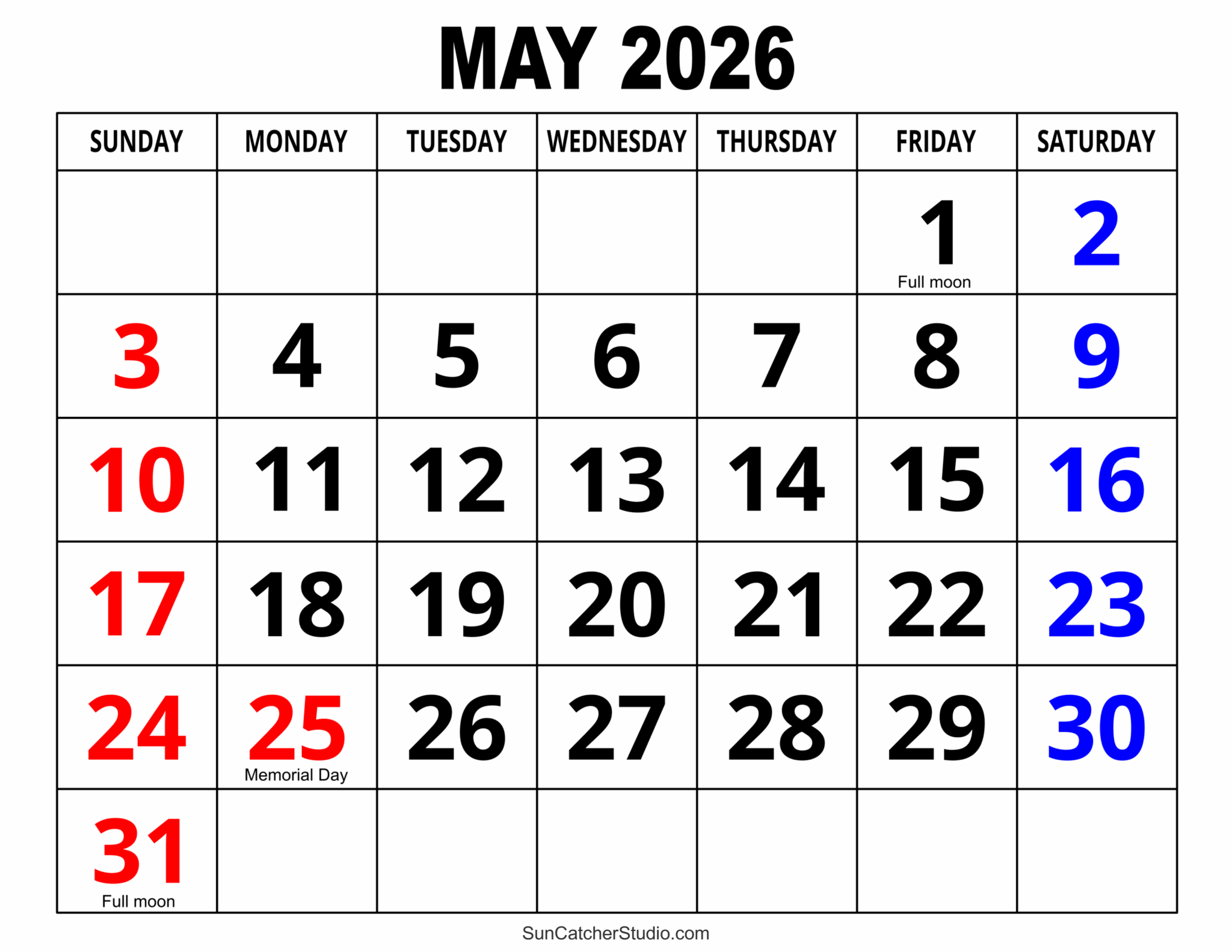 May 2026 Calendar Printable May 2026 Calendar Landscape - Free ...
