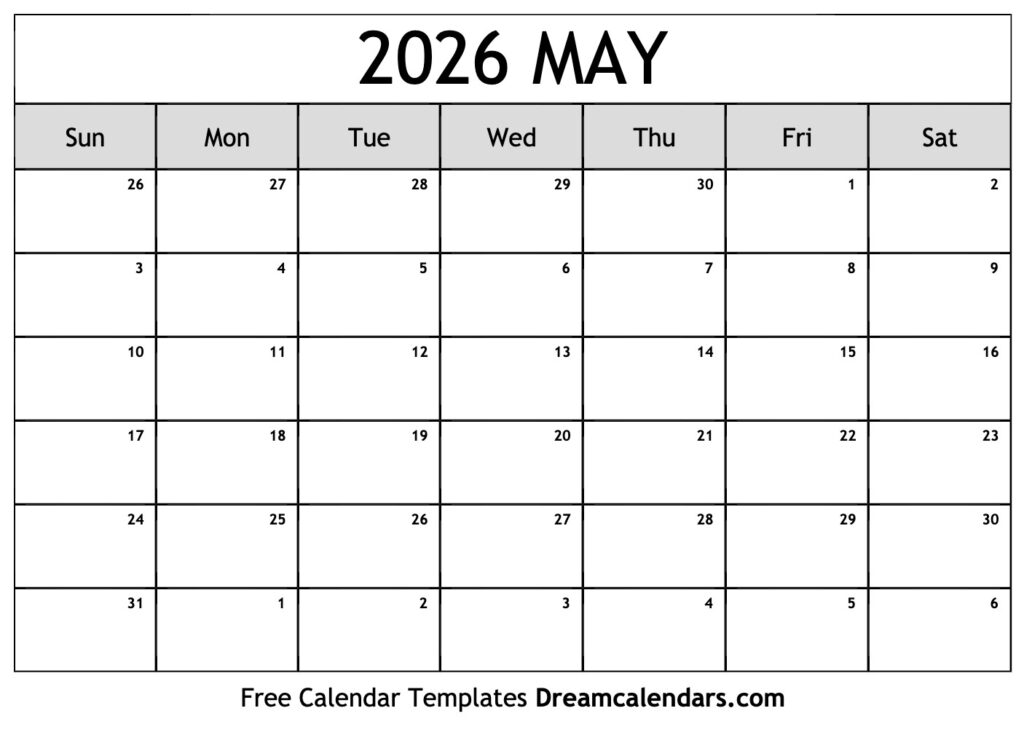 May Monthly Calendar 2026 Printable - Free Printable Calendar