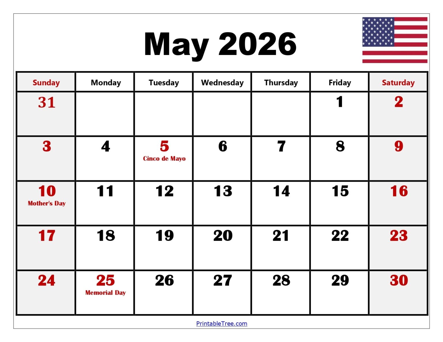 May 2026 Calendar With Public Holidays - Free Printable Calendar