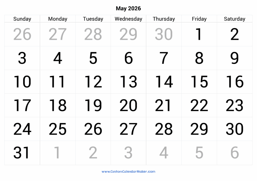 May Calendar 2026 Big Numbers - Free Printable Calendar