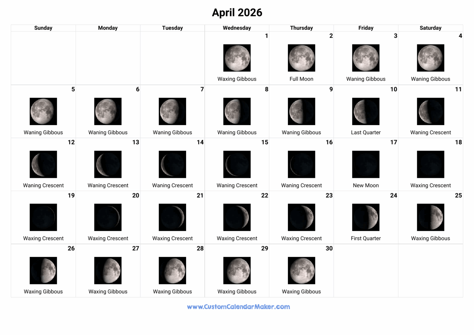 Moon Phase Calendar 2026 April - Free Printable Calendar