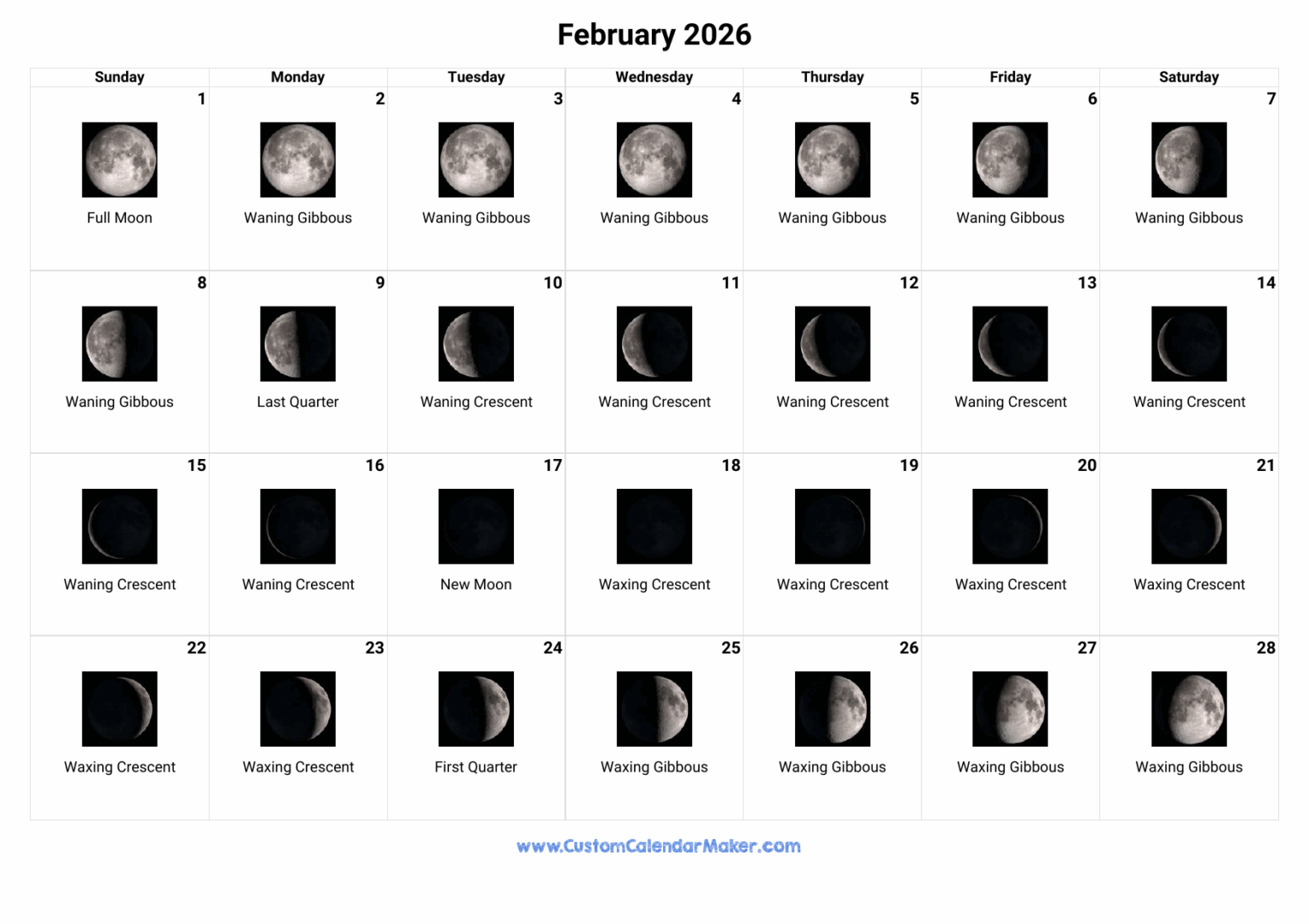 February 2026 Calendar Moon Phases - Free Printable Calendar